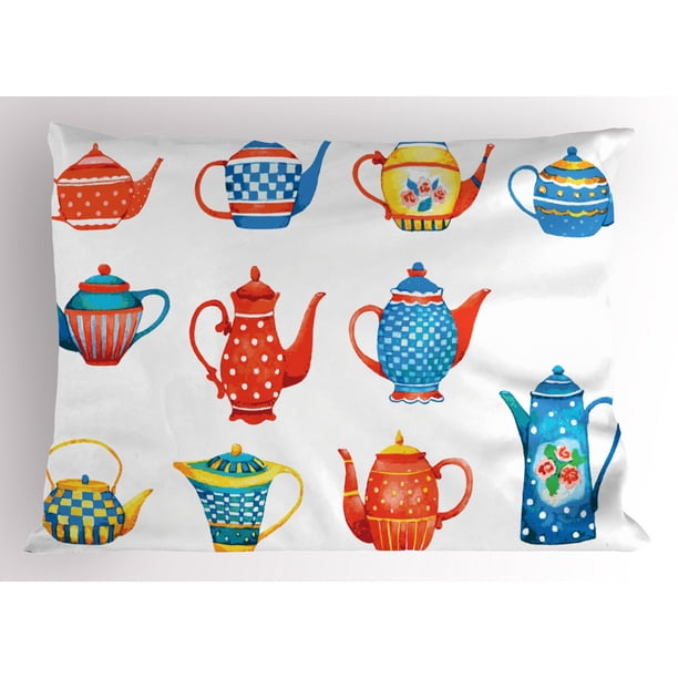 Tea Party Pillow Sham Colorful Teapots Various Shapes Sizes Breakfast ...