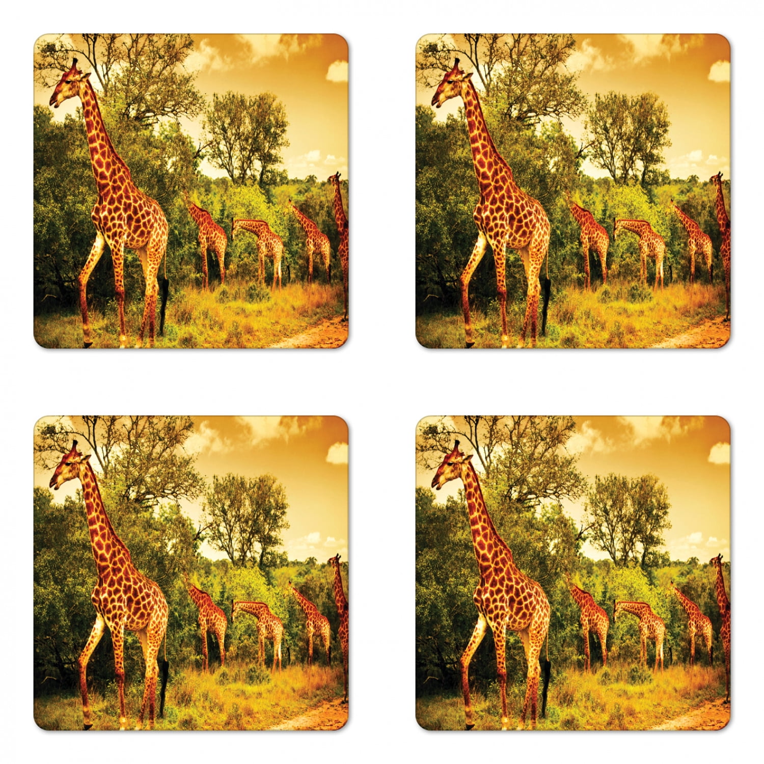 Giraffe Coaster Set of 4, Safari Animals Walking in the Green Forest ...