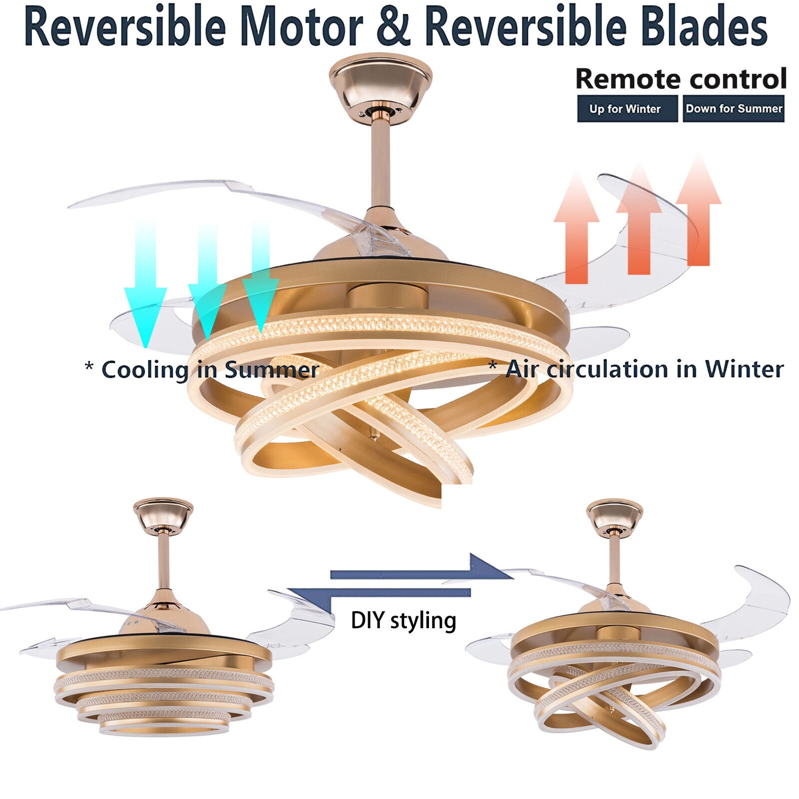 42" Modern LED Ceiling Fan Light 6 Speeds LED Chandelier Pendant Lamp 3 ...