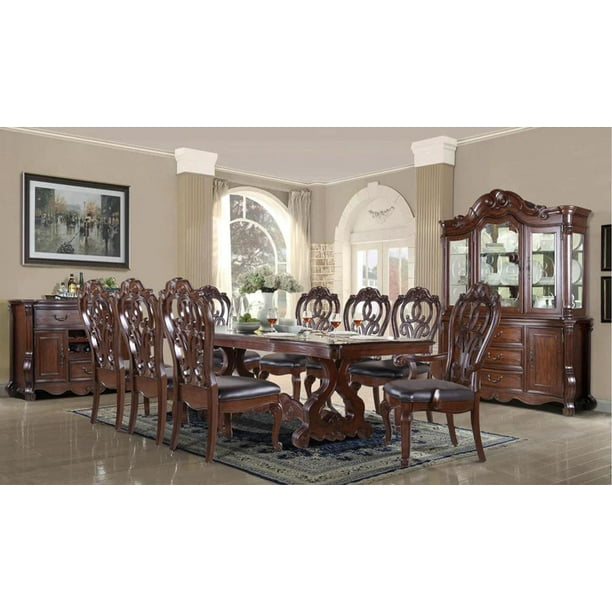 Dark Cherry Carved Wood Dining Table Set 7Pcs McFerran D528 Traditional ...