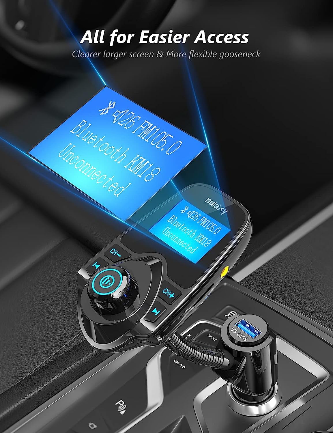 Nulaxy Bluetooth Car FM Transmitter Audio Adapter Receiver Wireless Hands Free Car Kit W 1.44 Inch Display KM18 Black NEW Walmart