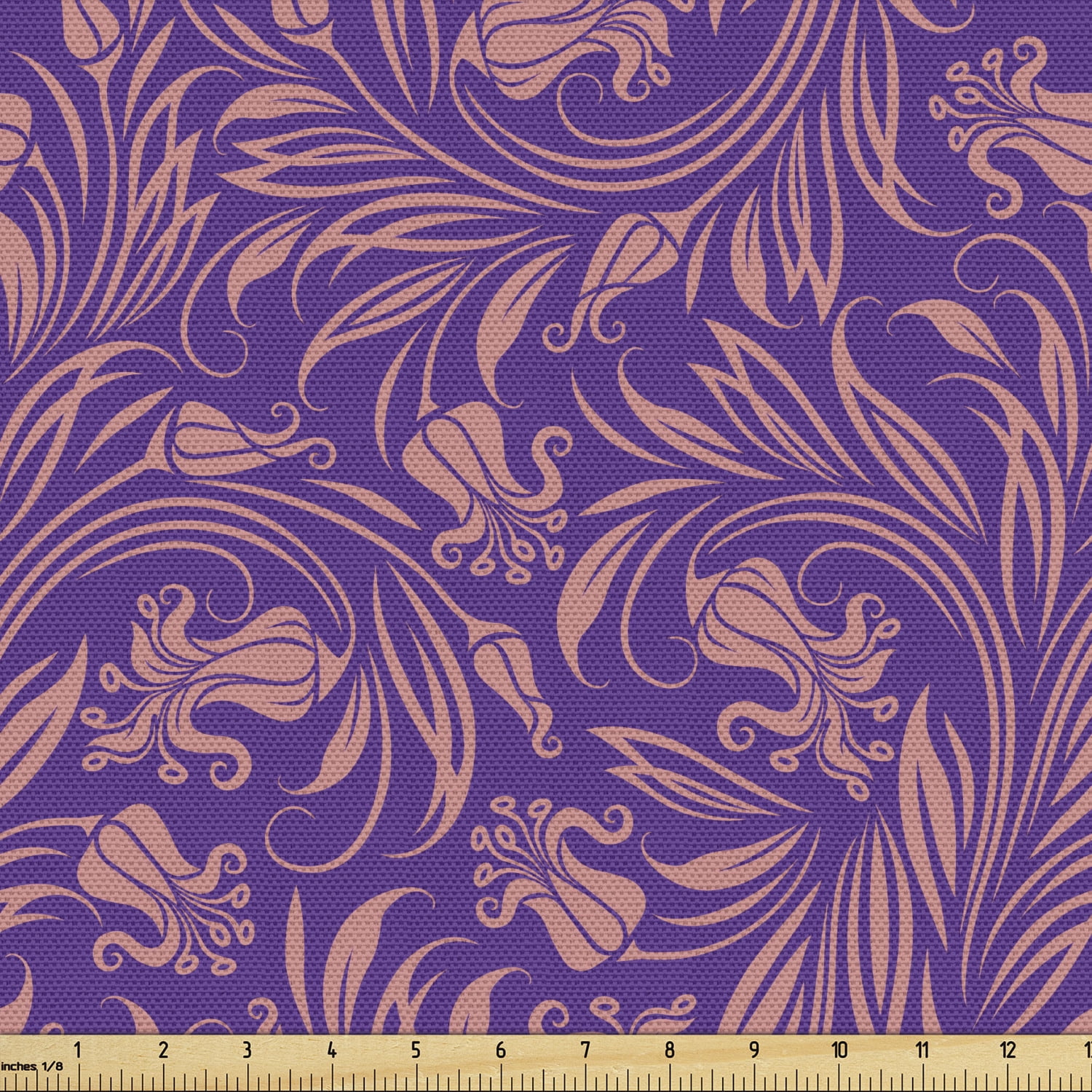 Scroll Fabric by the Yard, Abstract Flourishing Flowers Buds Rococo ...