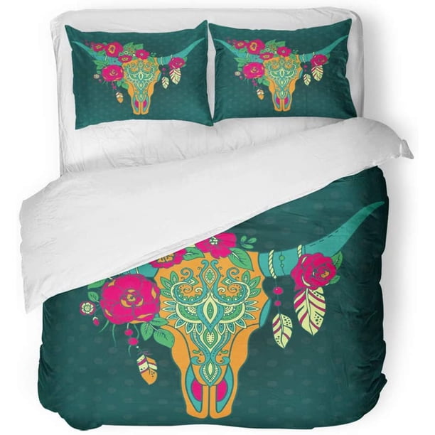 HATIART 3 Piece Bedding Set Red Cow Bull Skull with Feathers Flowers ...