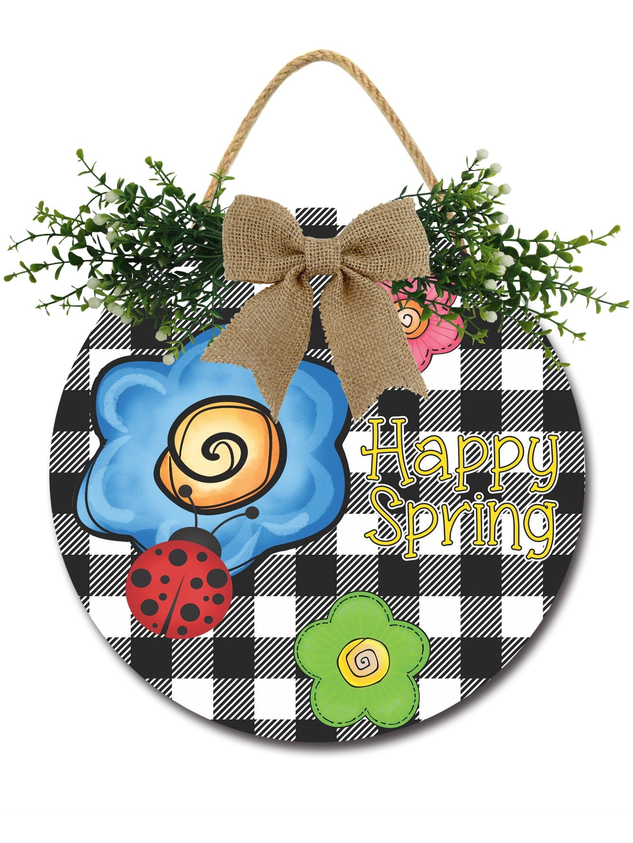 Eveokoki Happy Spring Sign Front Door Porch Decorations, Round Rustic ...