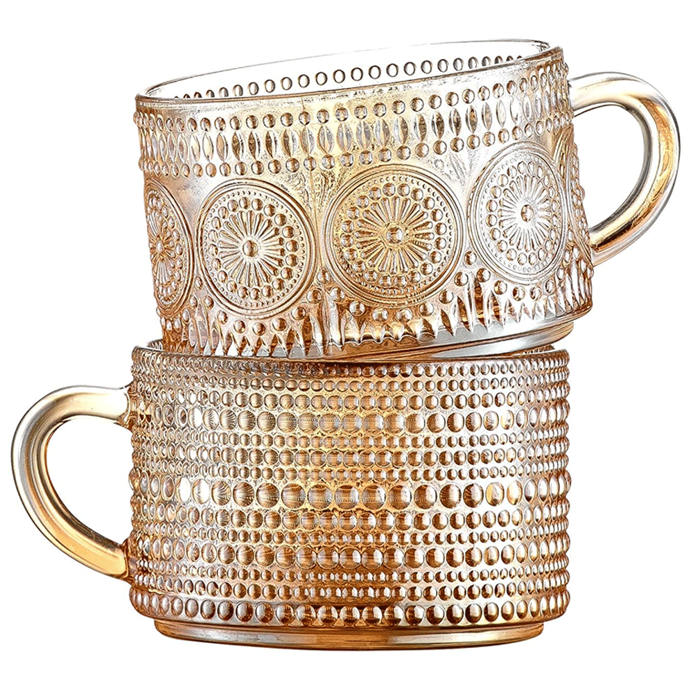 2 pcs 400 ml Glass Coffee Mugs Set,Embossed Tea Cups for Cappuccino ...