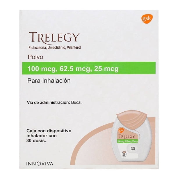 Trelegy polvo 100 mcg 62.5 mcg 25 mcg caja con dispositivo inhalador ...