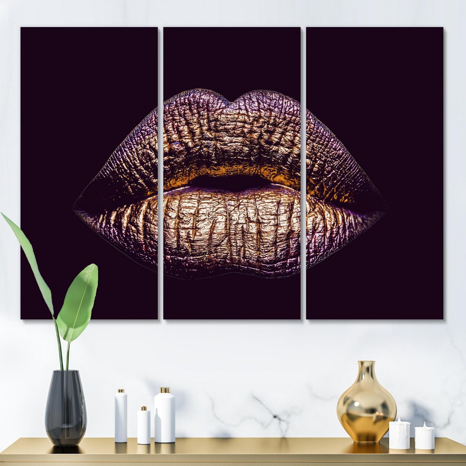 Click here for Designart Sexy Golden Metallized Female Lips Iii C... prices
