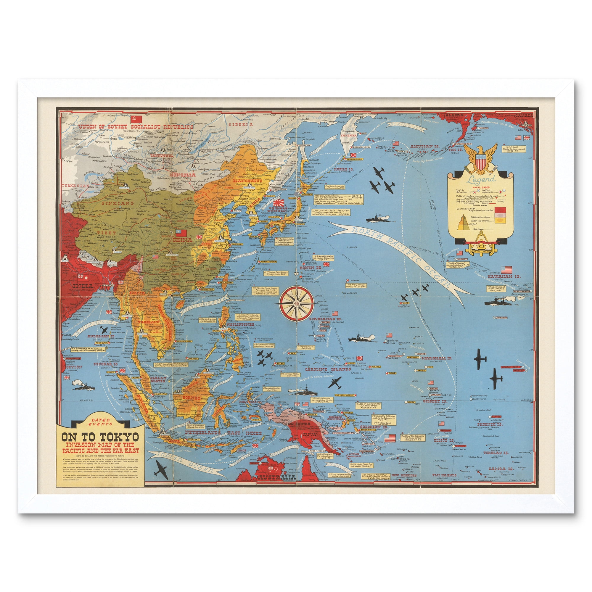 Pictorial Invasion Map of the Pacific and the Far East War WWII Battle ...