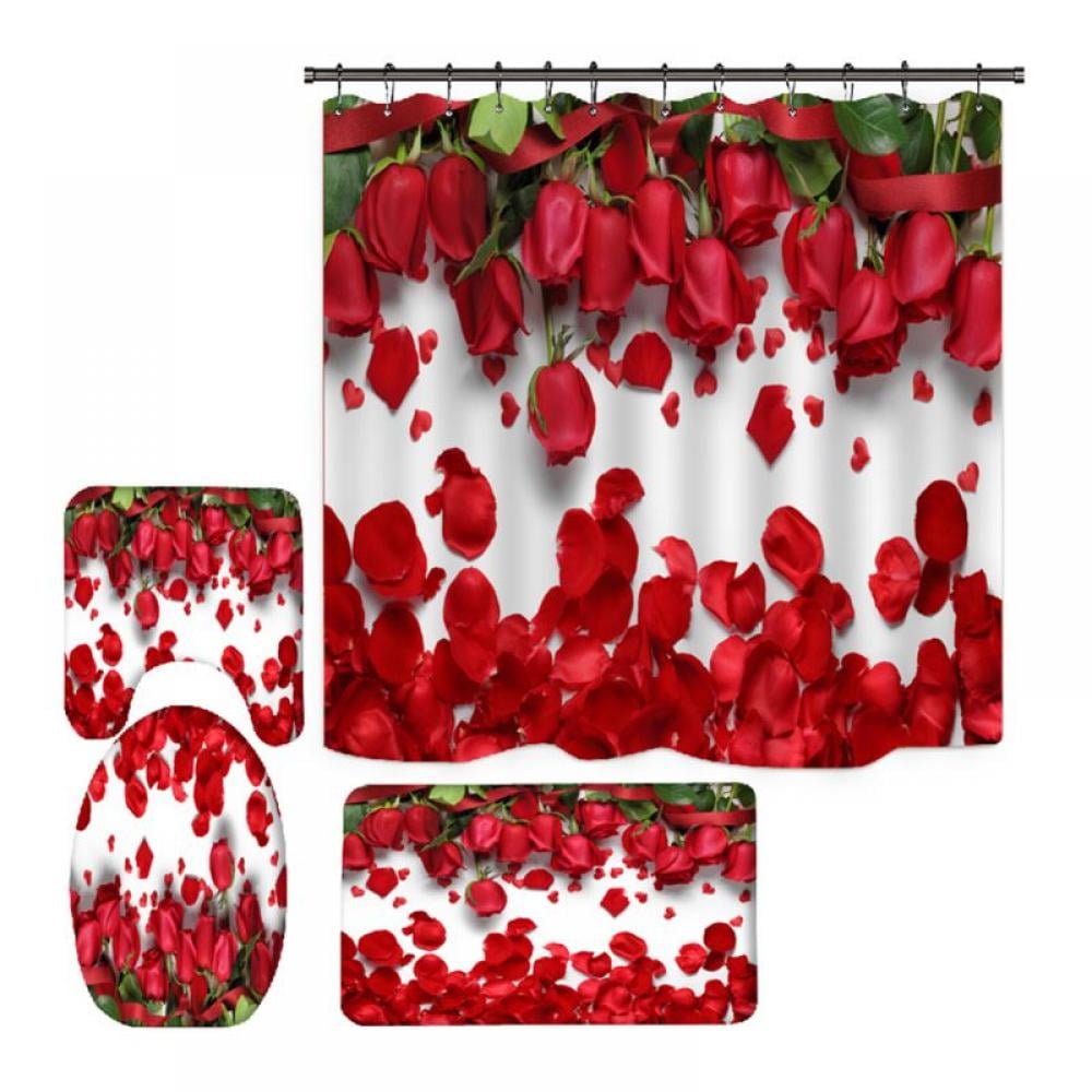 4 Pcs Lovely Red Rose Shower Curtains Set Dew Rose Raindrop Bathroom ...