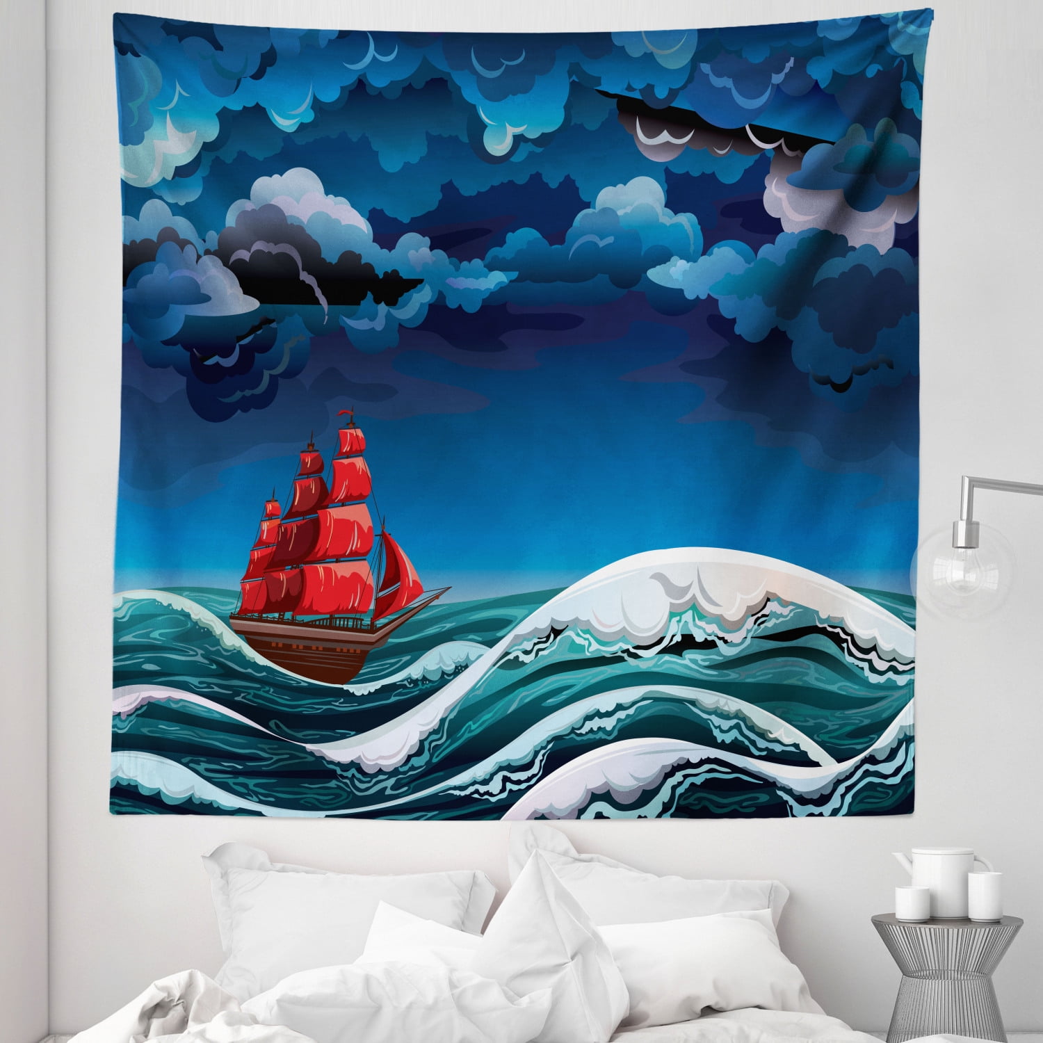 Nautical Tapestry, Vintage Vessel Sailing in Stormy Weather at Dark ...