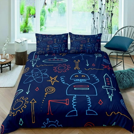 Cartoon Robot Rocket Bedding Cover Teen Boys Young Girls Star ...