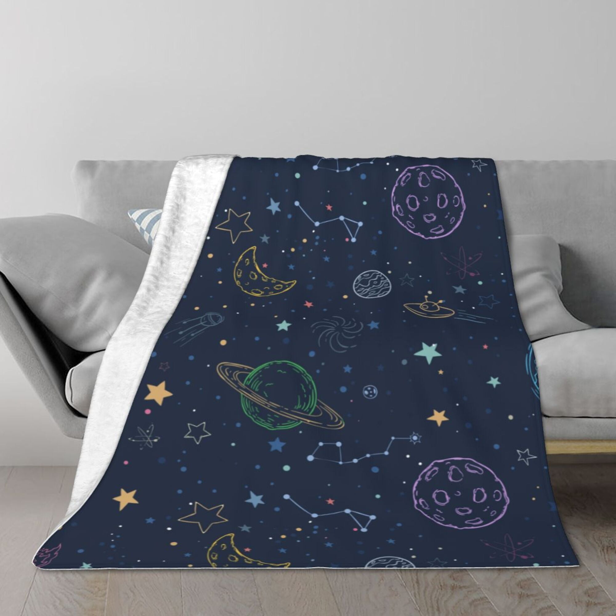 TEQUAN Double Layer Plush Bed Blanket, Outer Space Planet Stars Pattern ...