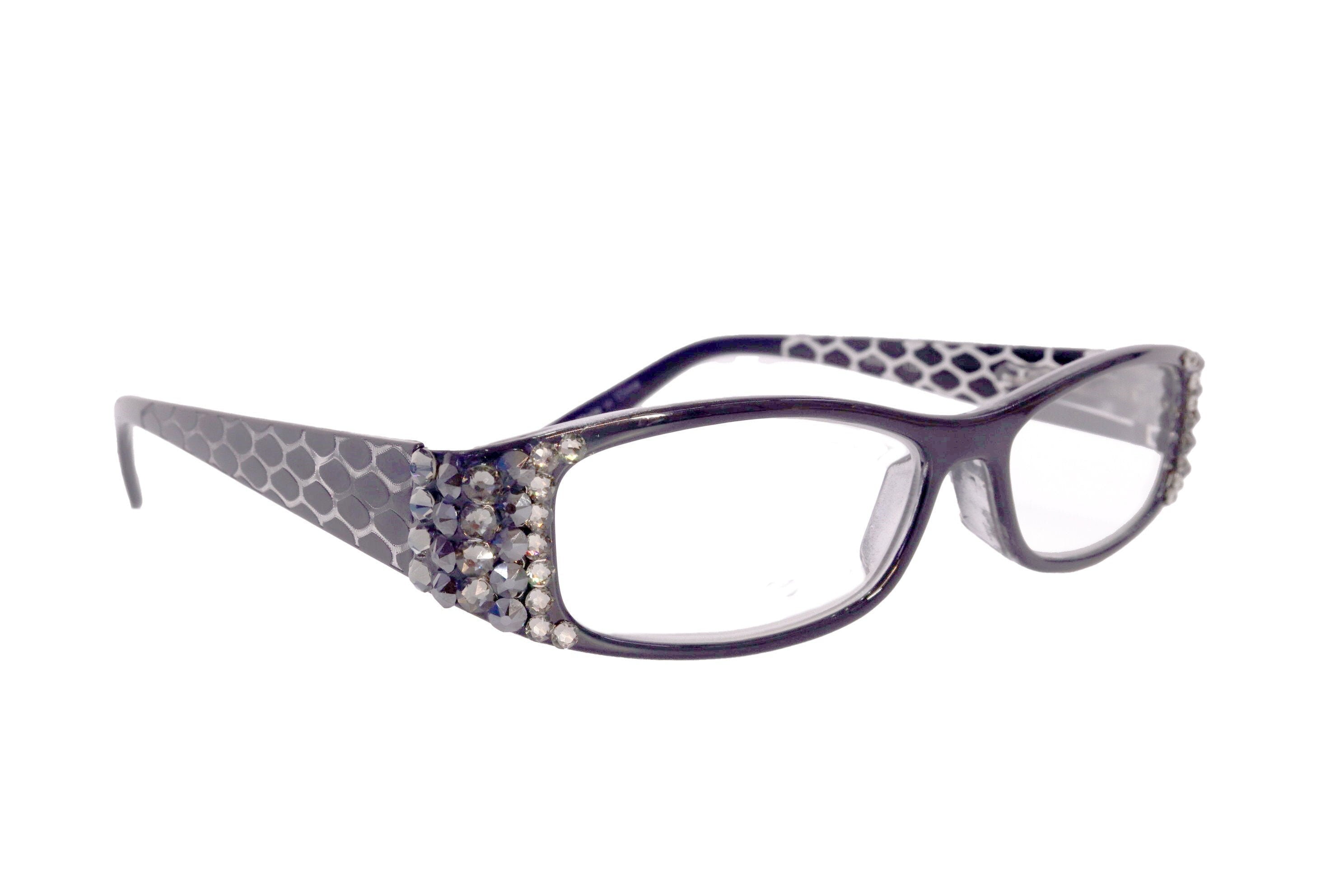 Lyon Bling Reading Glasses With Black Diamond Hematite Dragon Scale Pattern Rectangular