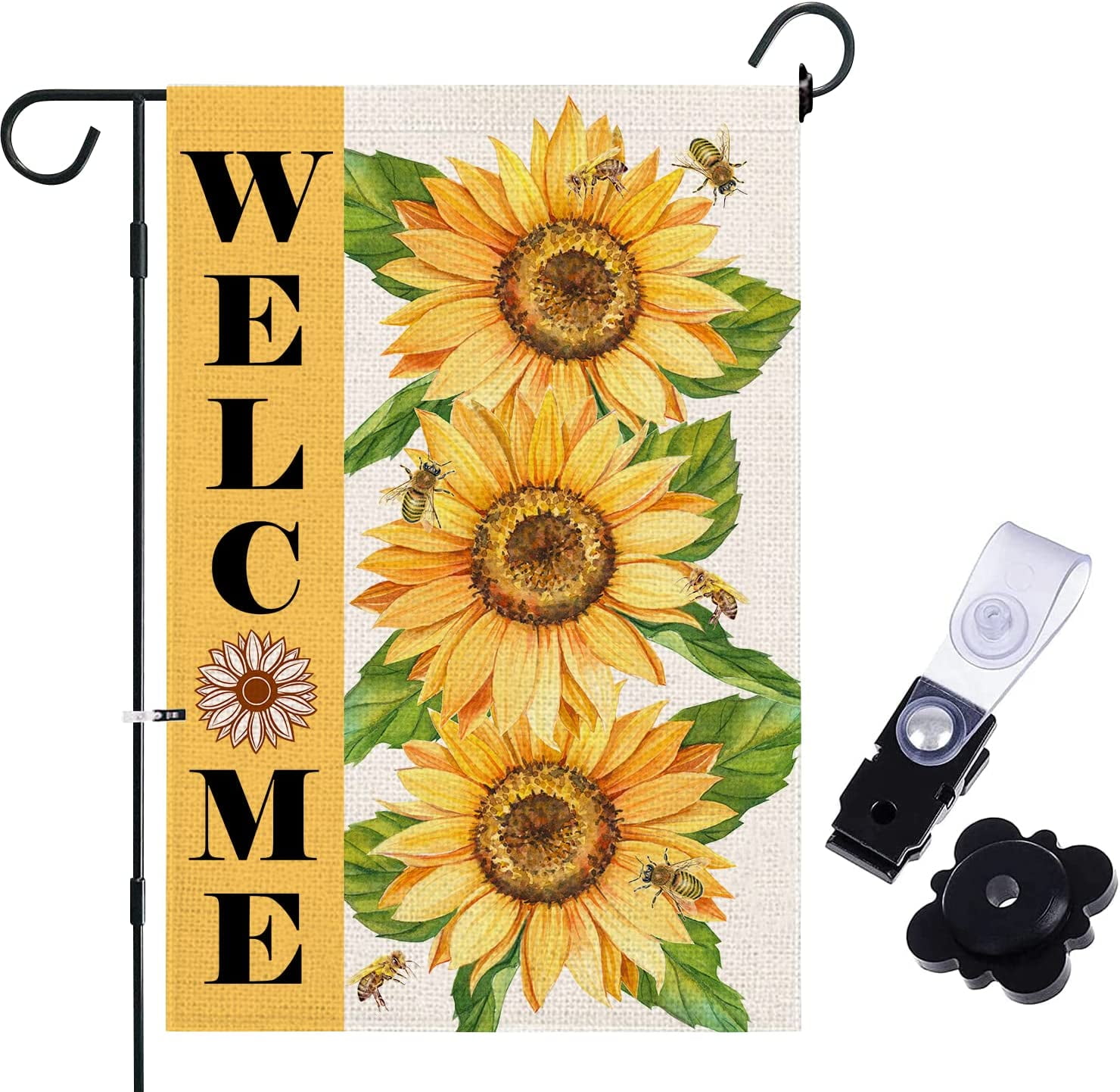 Sunflower Garden Flag 12x18 Double Sided, Watercolor Bee Sunflower ...