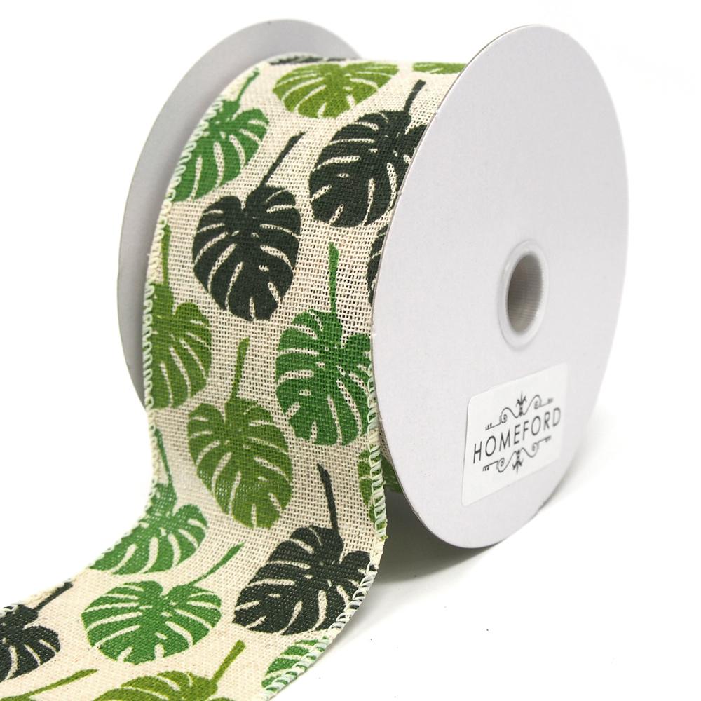Green Monstera Leaves Print Ivory Canvas Ribbon, 2-1/2-Inch, 10 Yards ...