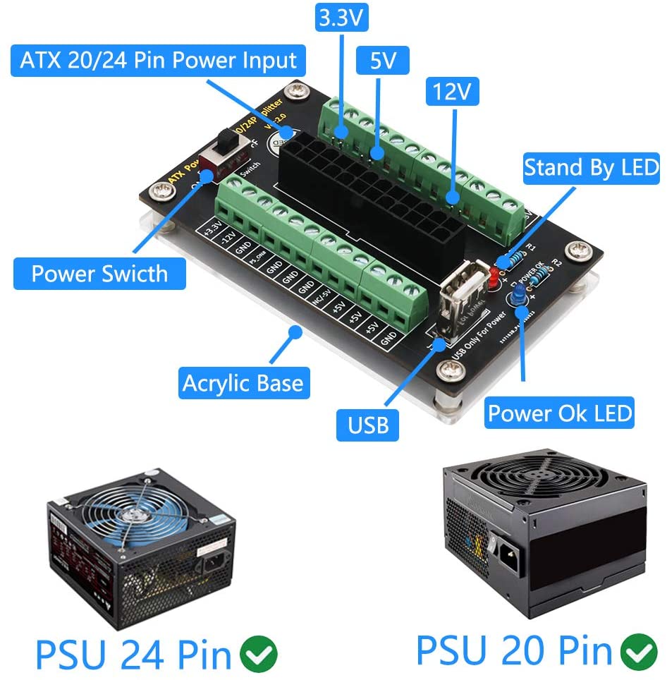 Upgrade Version ATX 24/20 Pin Power Supply Breakout Board Module with ...