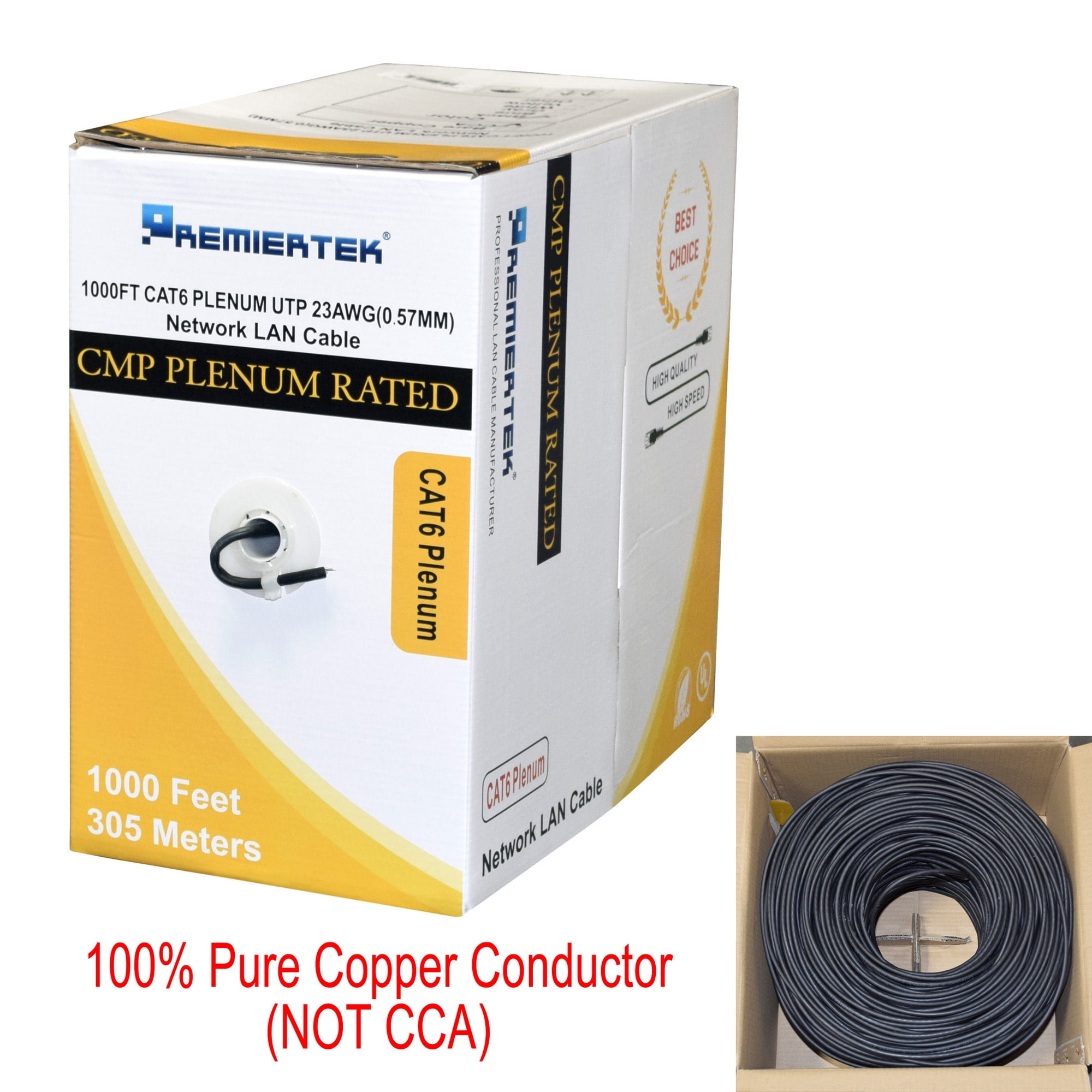 Premiertek 1000Ft Cat6 CMP Plenum 23AWG Solid Pure Copper UTP 4-pairs Premium Network LAN Cable ...