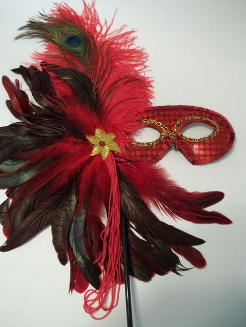 Red Feather Masquerade Ball Decor Mardi Gras Party Stick Mask