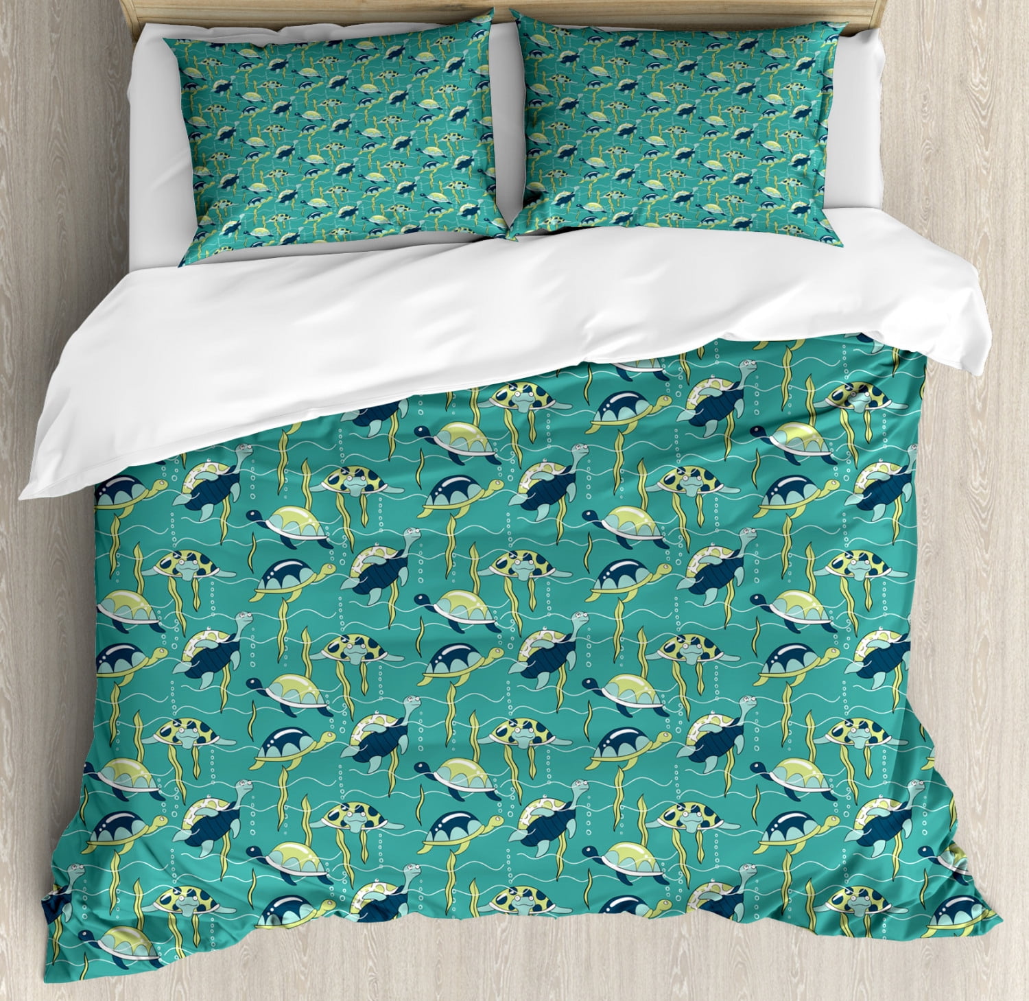 Turtle Queen Size Duvet Cover Set, Underwater Wildlife Composition with ...