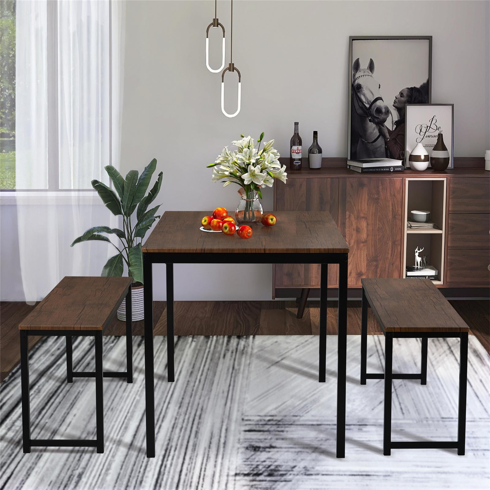 3-Piece Dining Table Set, Modern Rectangle Kitchen Table with 2 Benches ...