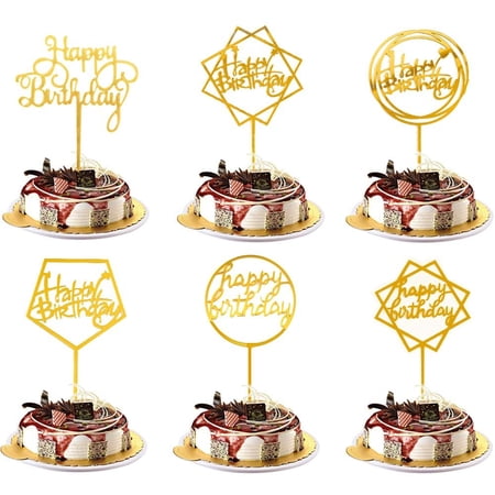 Happy Birthday Cake Topper, 6Pcs Acrylic Gold Birthday Cake Toppers ...