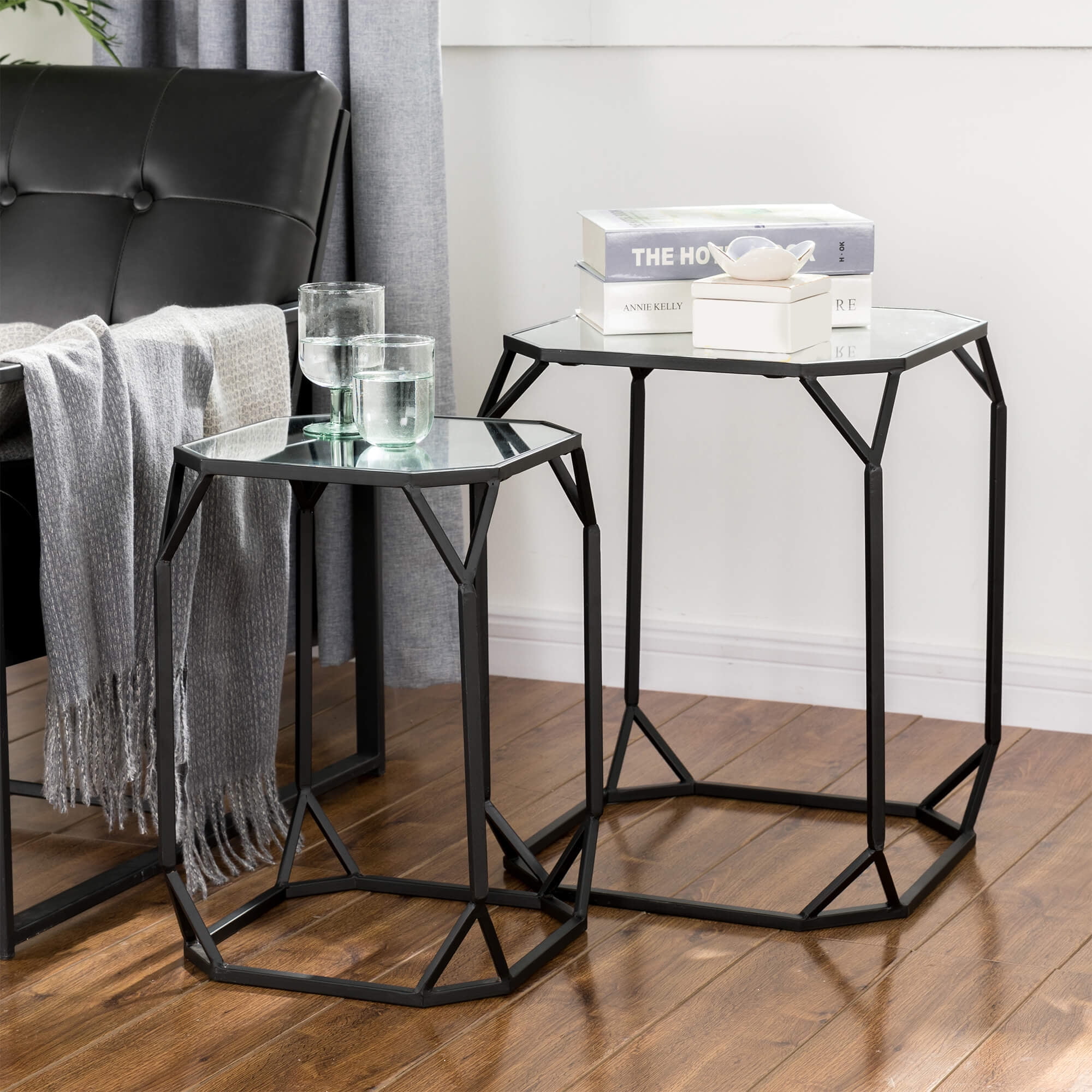 Glitzhome Set of 2 Nesting End Tables Glass Top Metal Frame Side Table ...