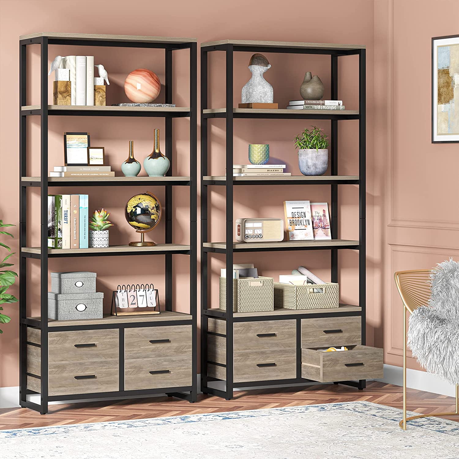 Rustic 5-Tier Bookshelf with Drawers, Tall Etagere Bookcase for Living ...