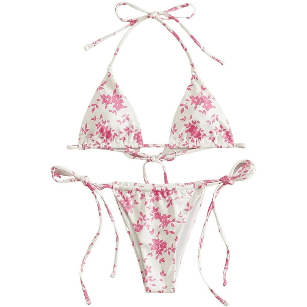 Soly Hux Womens Floral Print Halter Triangle Tie Side Bikini Set Two