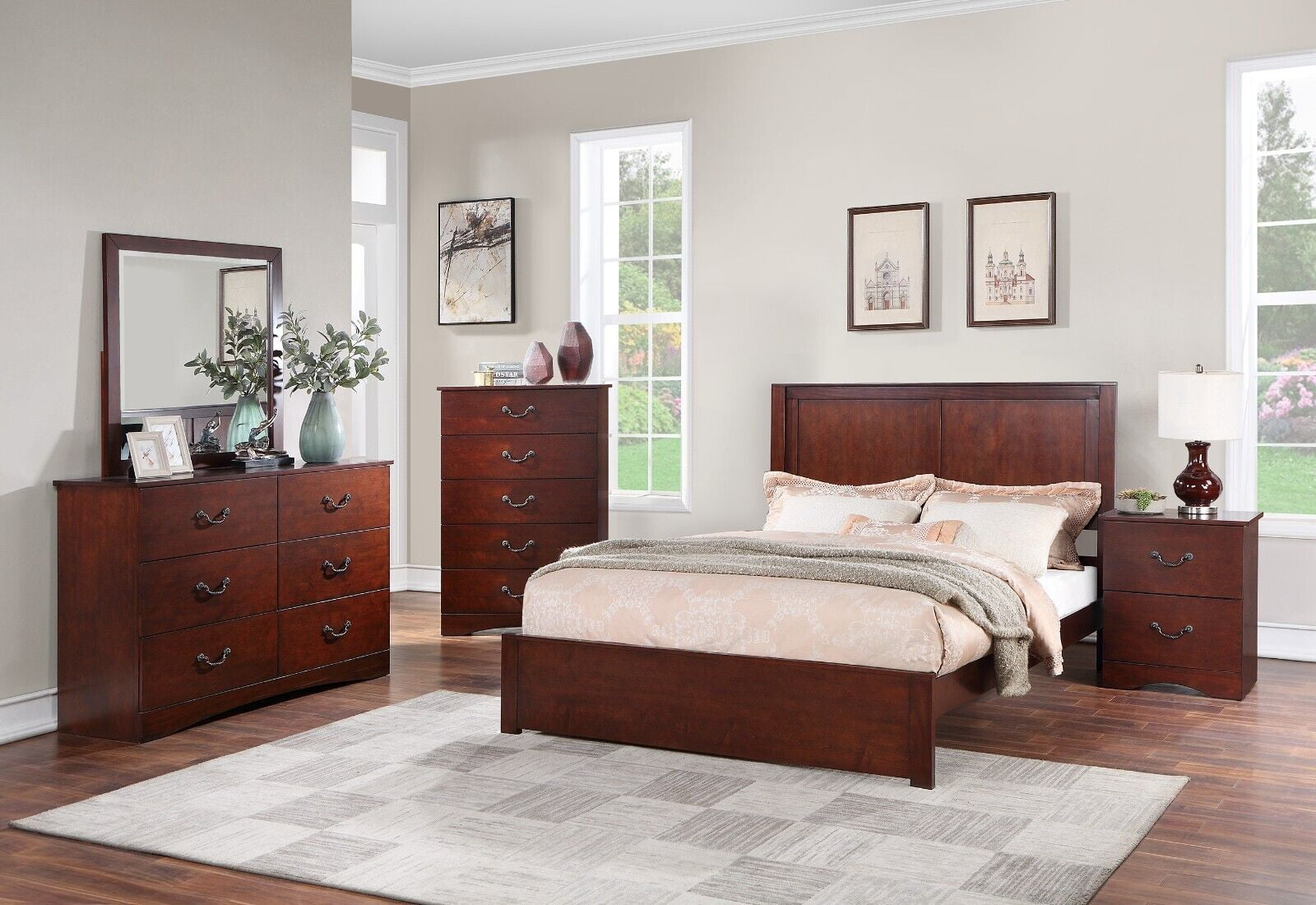 Bedroom Eastern King Size Bed 6pc Set Dresser Mirror Nightstands Chest ...