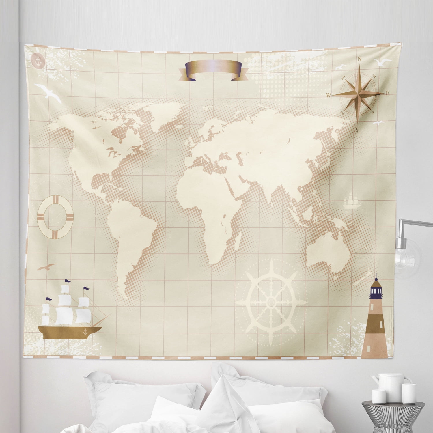 Vintage Boat Tapestry, Old World Map with Windrose Lighthouse Life ...