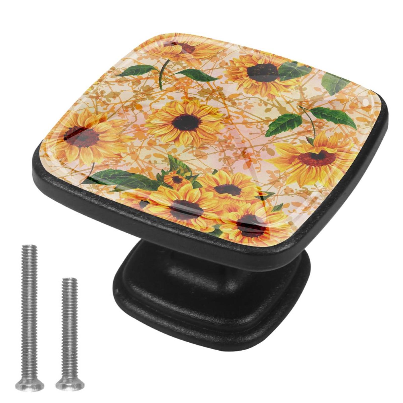 4 Pcs Cabinet Handle Drawer Pulls Sunflower Knobs with Screws Square Furniture Office Cabinet ...