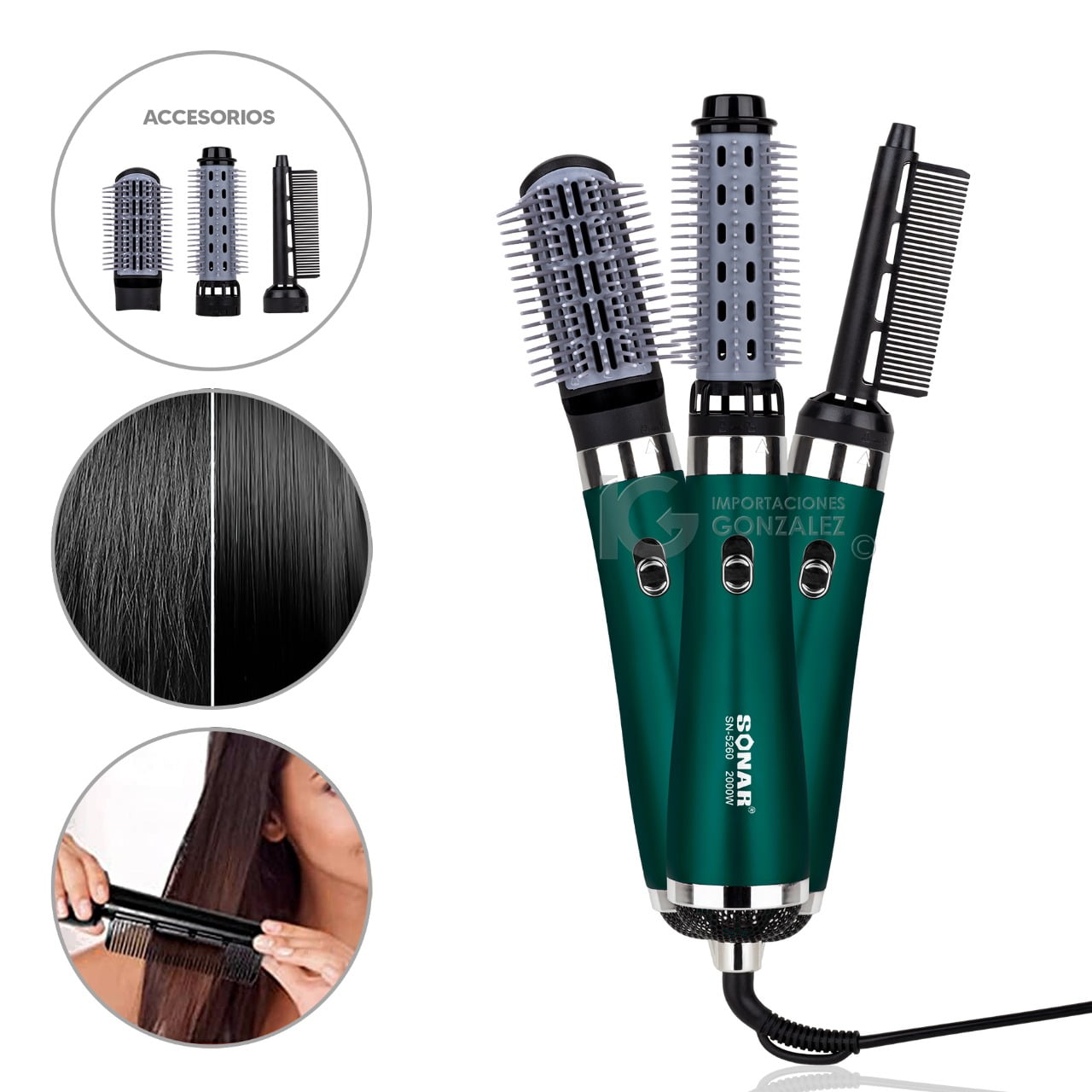 Cepillo Secadora De Cabello Eléctrico Con Iones Sonar® 3 En 1 SN-5260 ...