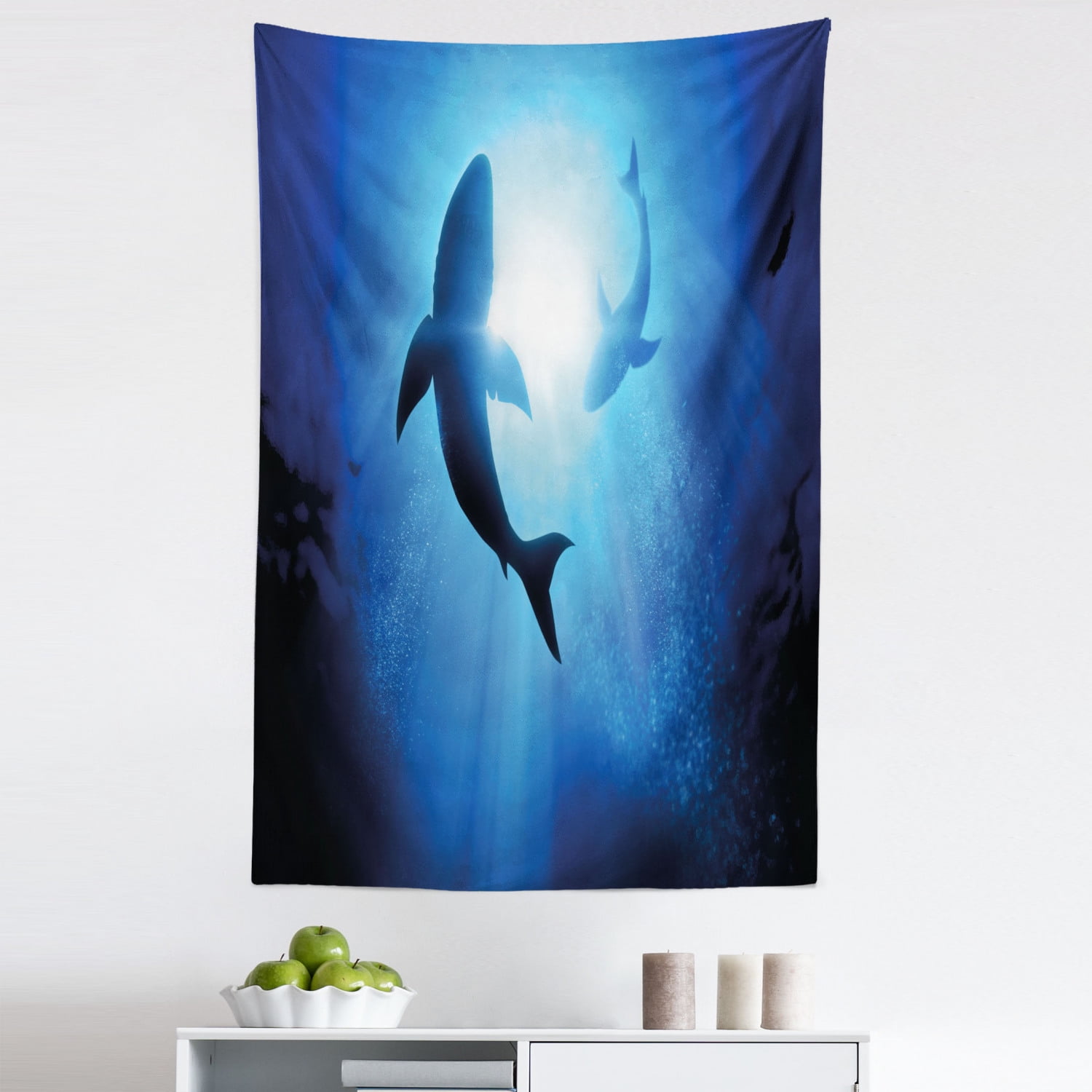 Shark Tapestry, Underwater World Fish Silhouettes Circling in the Sea ...