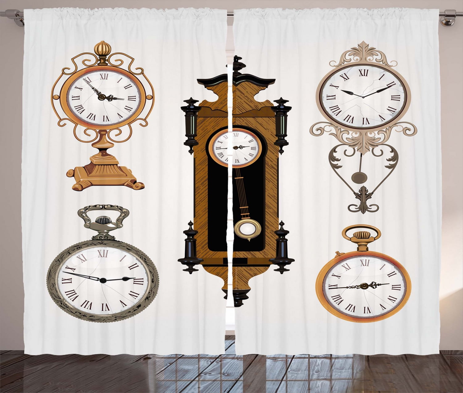 Clock Decor Curtains 2 Panels Set, A Set of Vintage Clocks Pattern ...