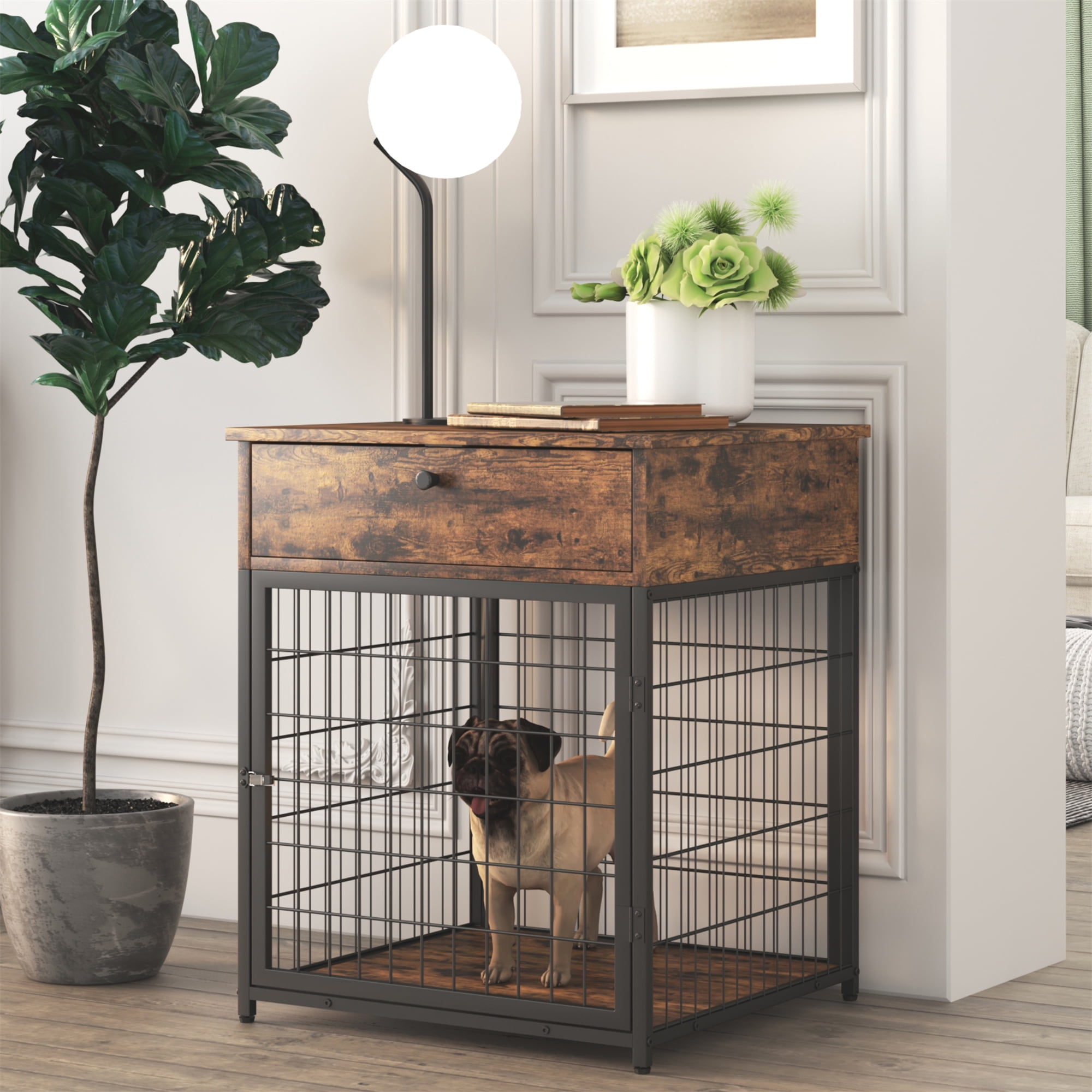 Rustic Nightstand, Wood Side Table with Metal Small Dog Crate and 1 ...