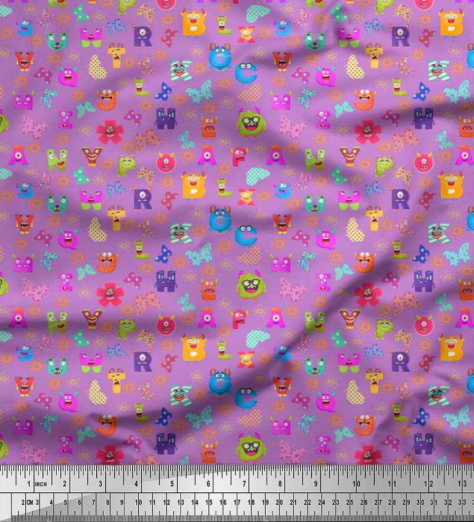 Soimoi Purple Georgette Viscose Fabric Insect,Sun & Cartoon Alphabets ...