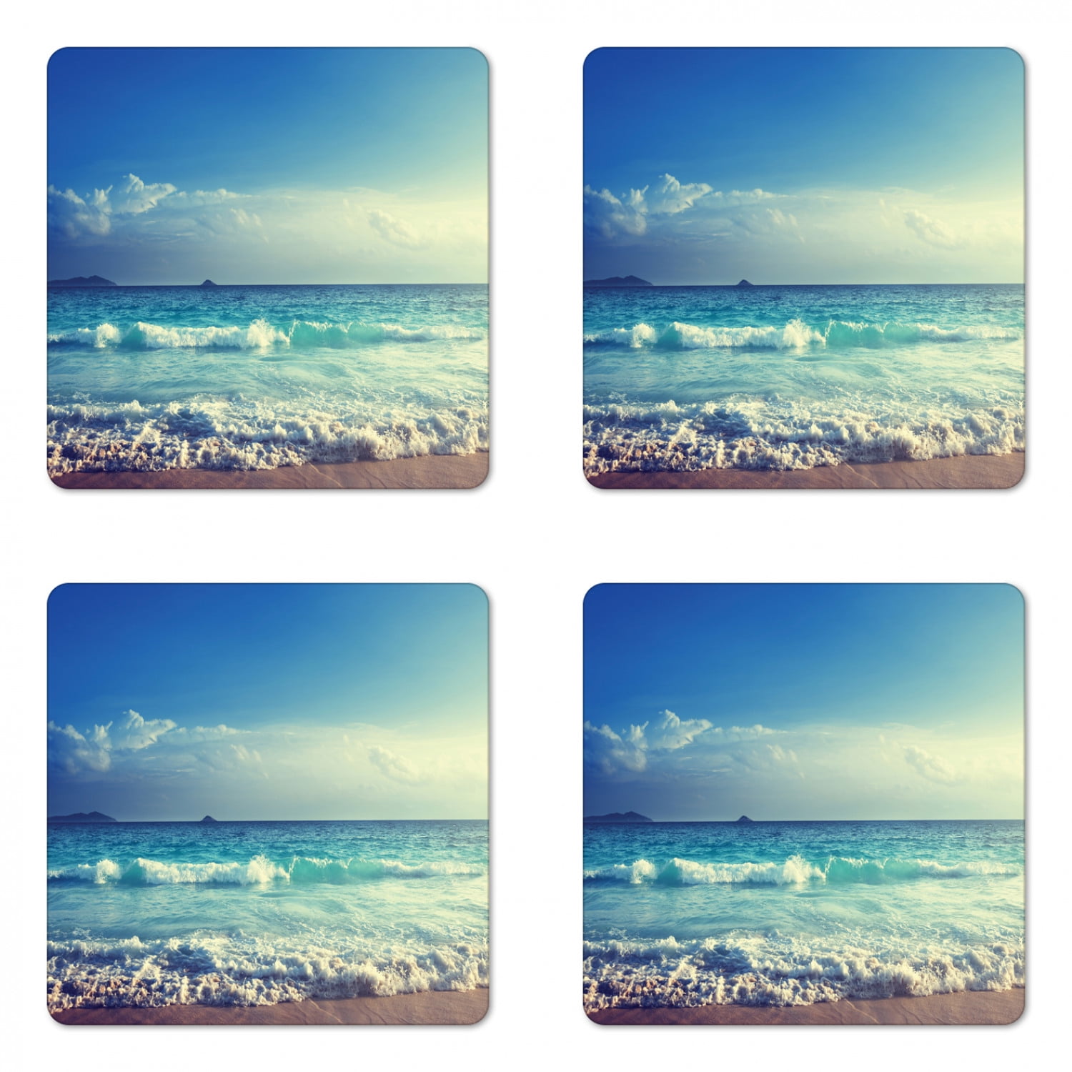 Ocean Coaster Set of 4, Tropical Island Paradise Beach at Sunset Time ...
