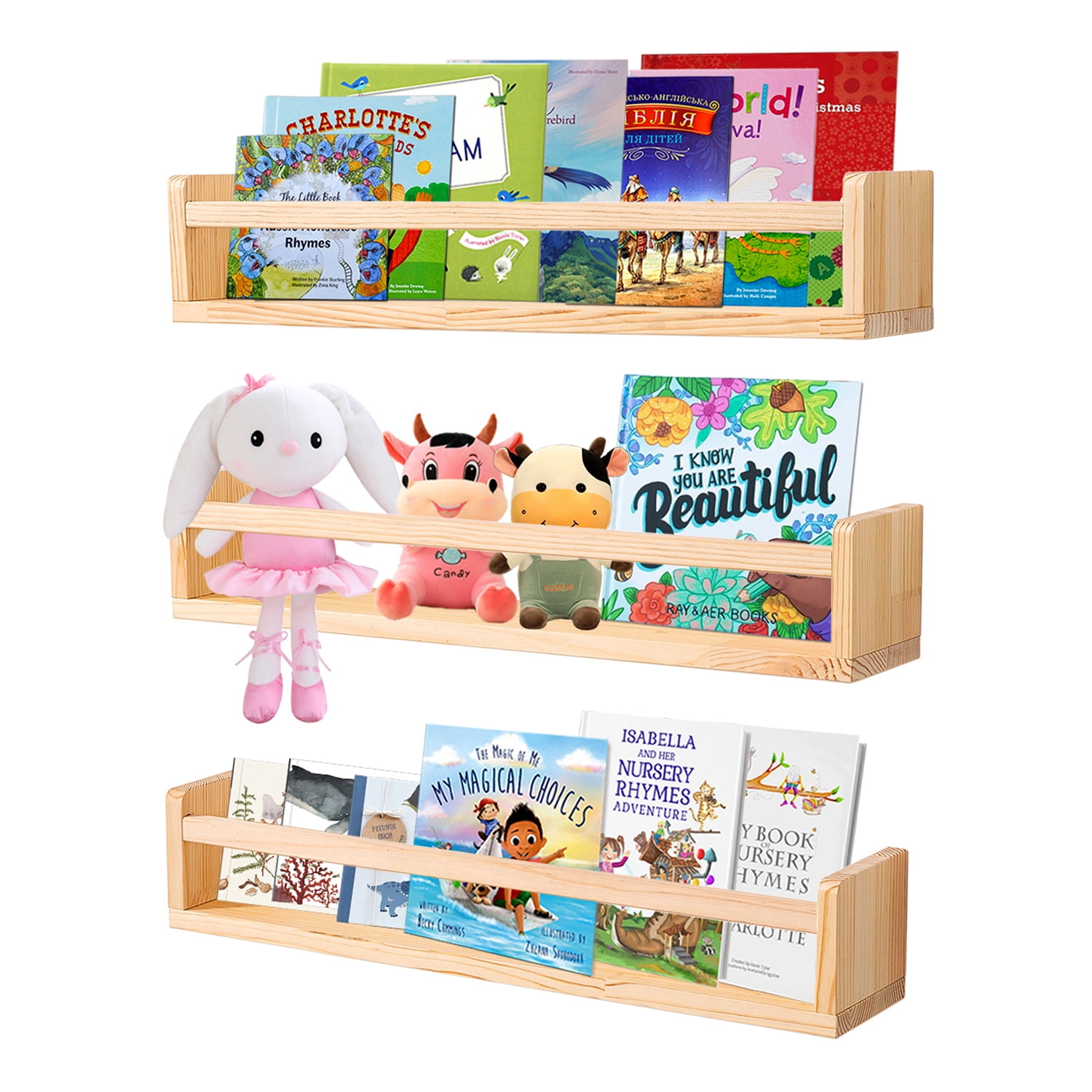 Natural Wood Wall Book Shelves 24 Inch Wall Mounted Floating Bookshelf ...