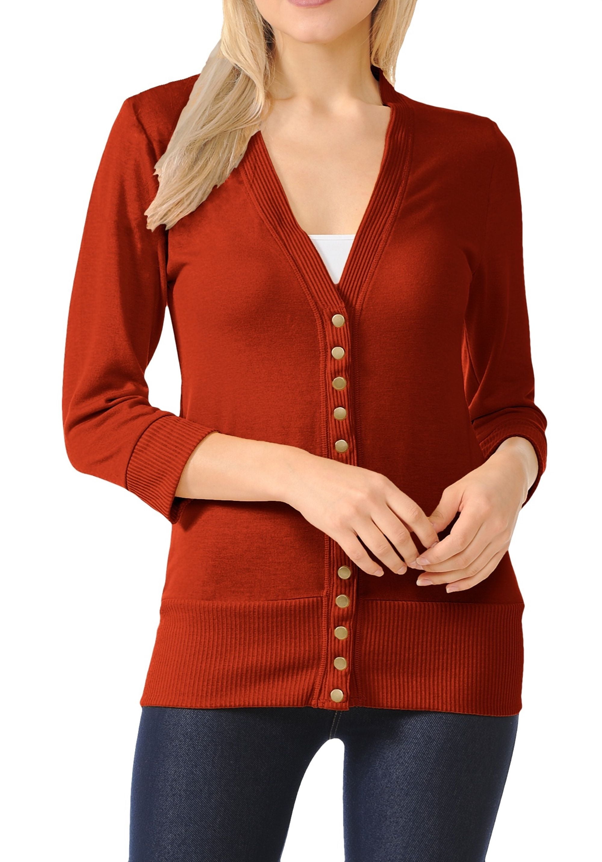 ClothingAve. Women's 3/4 Sleeve Soft Snap Button Cardigan with Ribbed ...