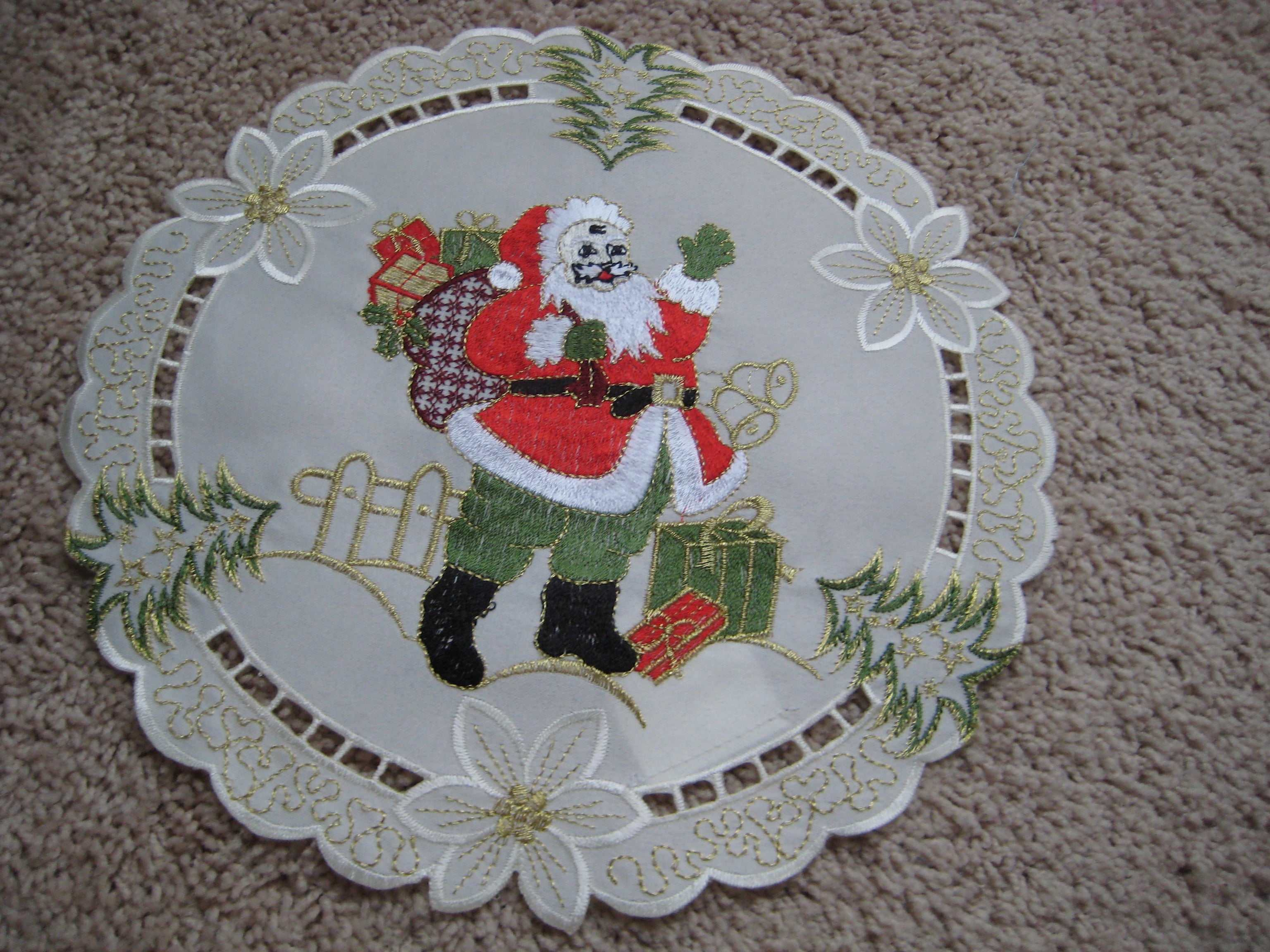 Fabric Doily round Christmas decor Santa Claus embroidered lace (15 ...