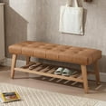 Farmhouse Upholstered Storage Entryway Bench with Shoe Shelf, 2 Tier ...