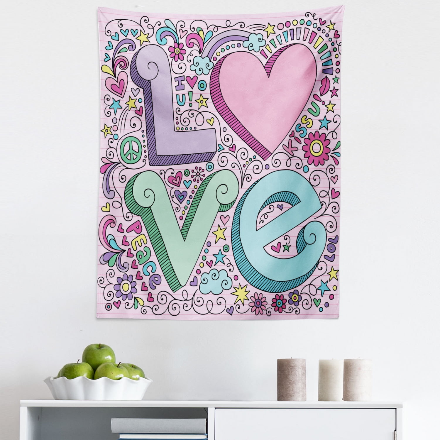Love Tapestry, Hand Drawn 3D Love Lettering Psychedelic Goorvy Sixties ...