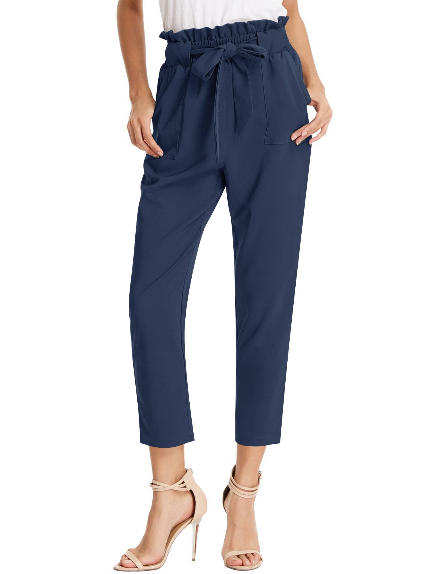 High-Waisted Belted Paper Bag Pants for Women Business Casual Trousers ...