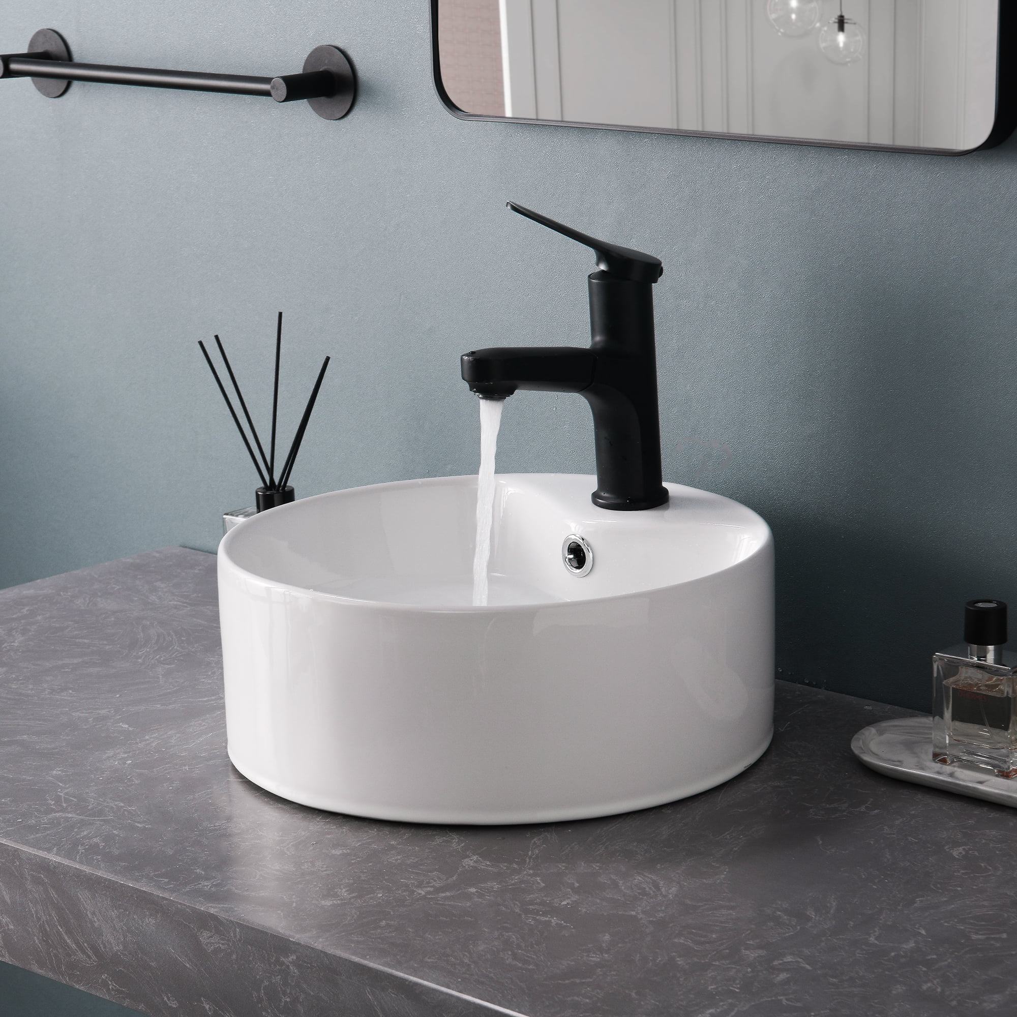 ABX 14" Round Bathroom Sink with Pop Up Drain,Ceramic Vessel Sink ...