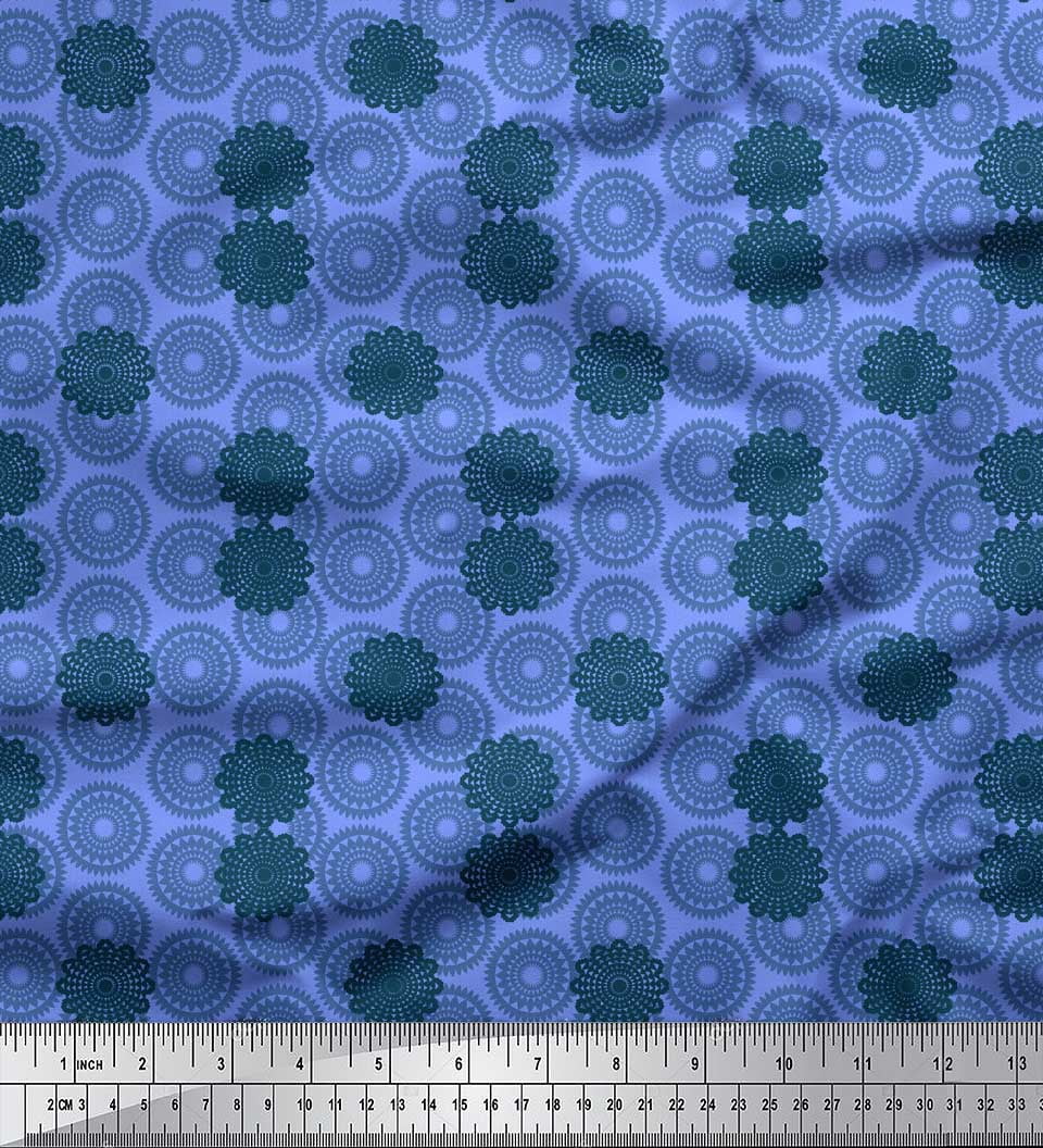 Soimoi Blue Japan Crepe Satin Fabric Mandala Geometric Print Fabric by ...