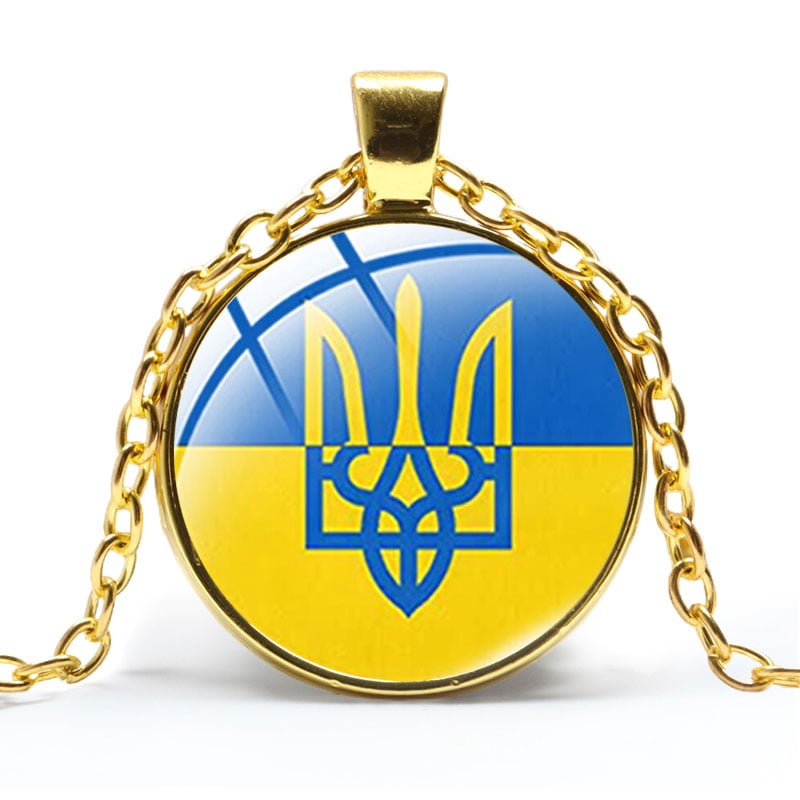 Ukraine Flag Necklace, The Tryzub Ukrainian Symbol with Glass Top Gold ...