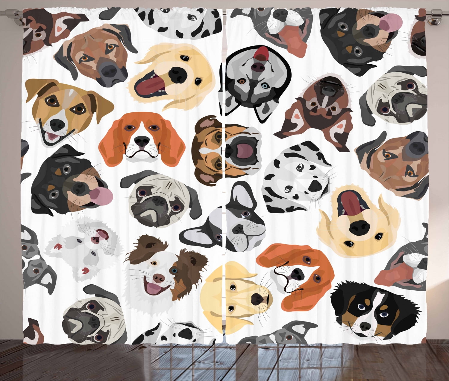 Dogs Curtains 2 Panels Set, Graphic Faces of Various Different Dog ...