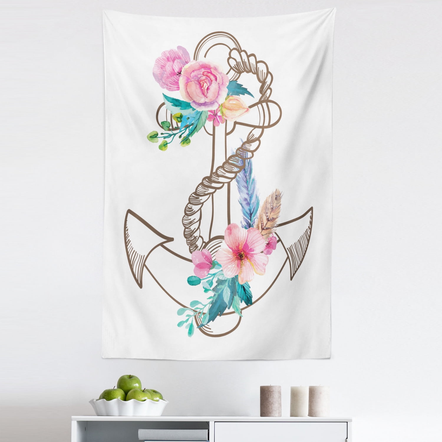 Anchor Tapestry, Watercolor Spring Blossoms and Feathers on a Doodle ...