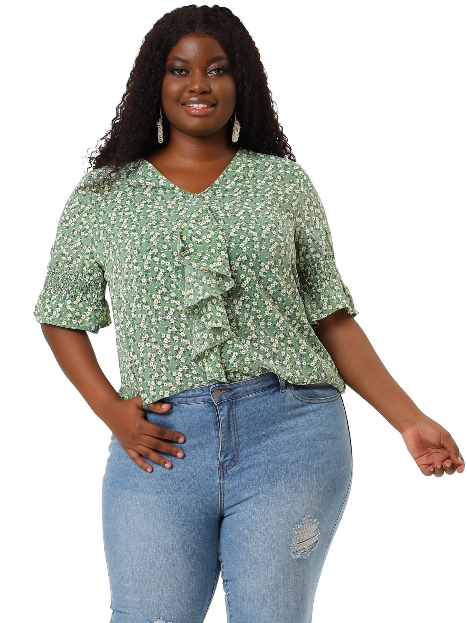 Women's Plus Size Ruffle Blouse V Neck Smocked Sleeves Top White Green ...