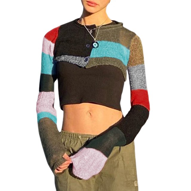 Women Y2K Crochet Knit Crop Tops Color Block Patchwork Overall Colorful ...